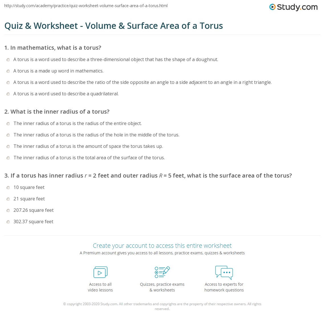 Quiz & Worksheet - Volume & Surface Area of a Torus | Study.com