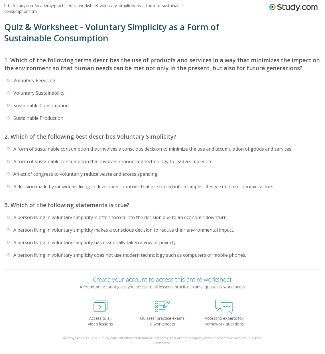 Quiz & Worksheet - Voluntary Simplicity as a Form of Sustainable ...
