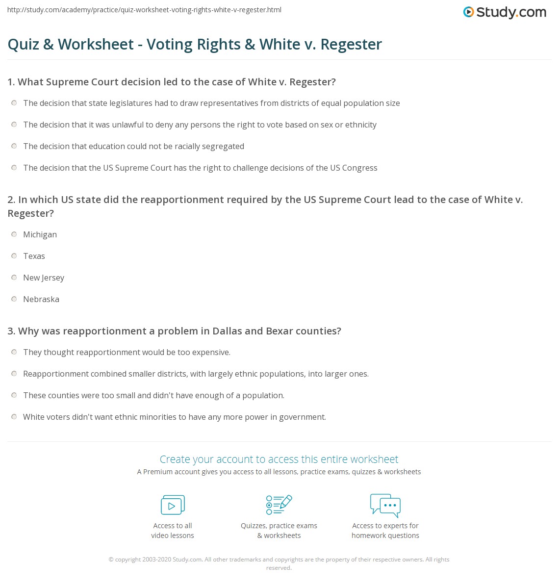 Quiz & Worksheet - Voting Rights & White v. Regester | Study.com