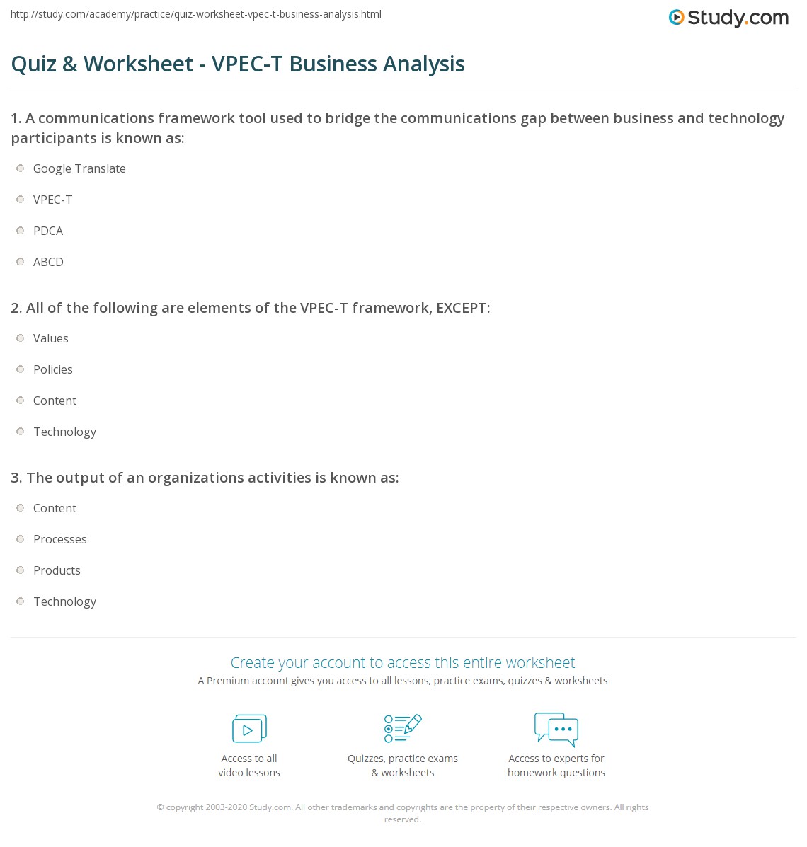 Quiz & Worksheet - VPEC-T Business Analysis | Study.com