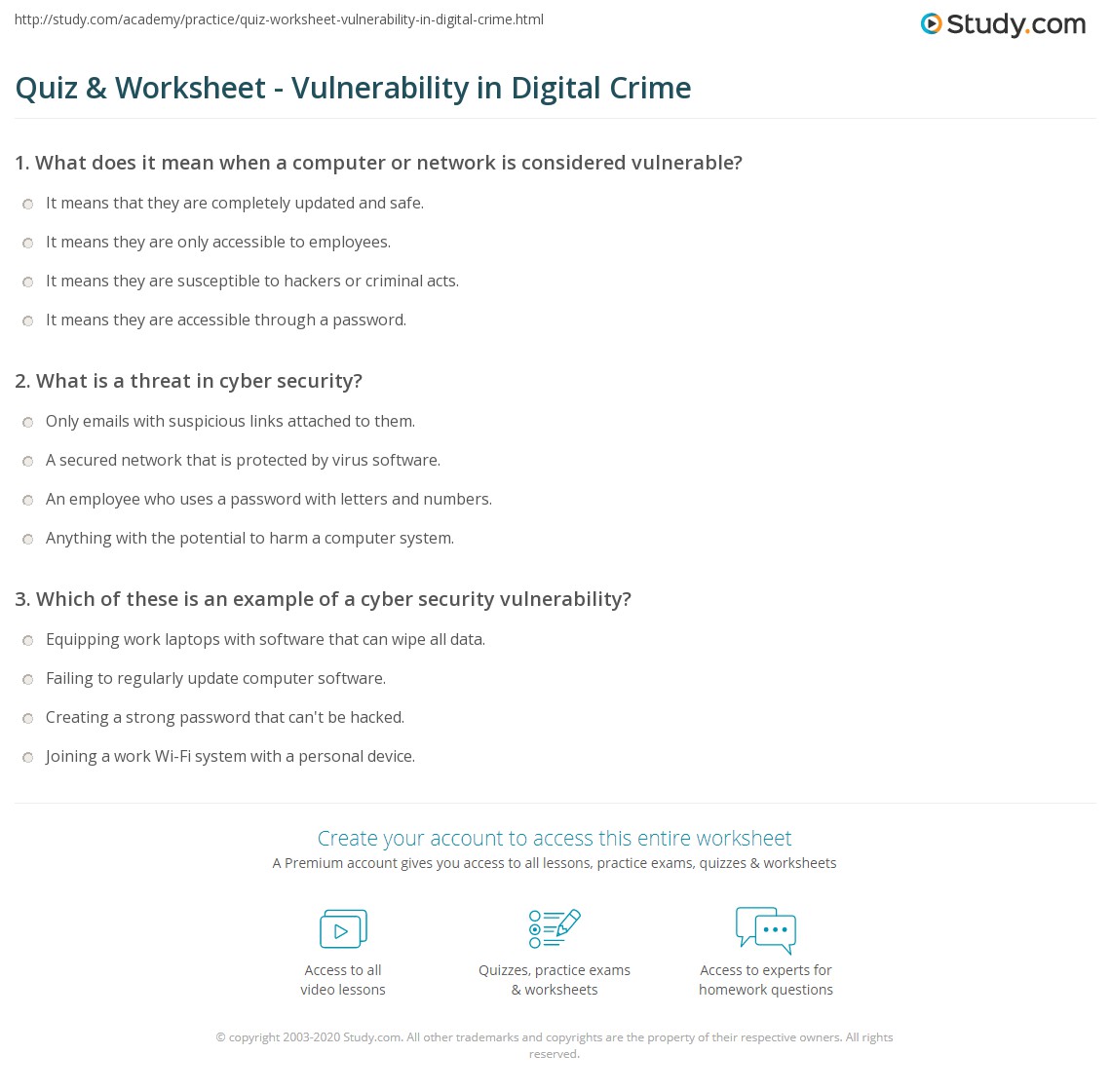 Quiz & Worksheet - Vulnerability in Digital Crime | Study.com