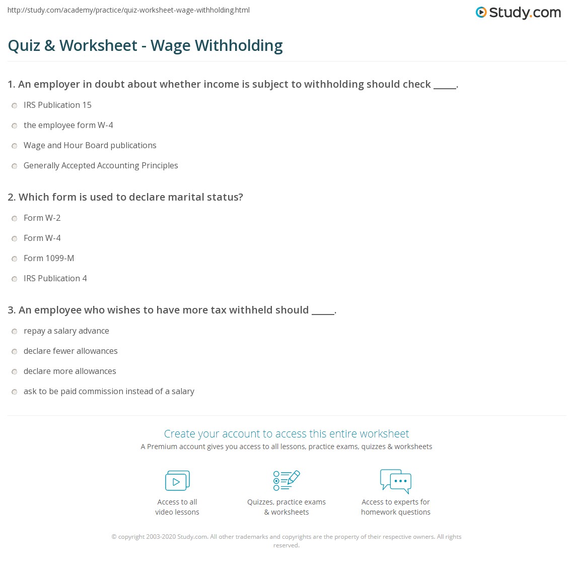 Quiz & Worksheet - Wage Withholding | Study.com