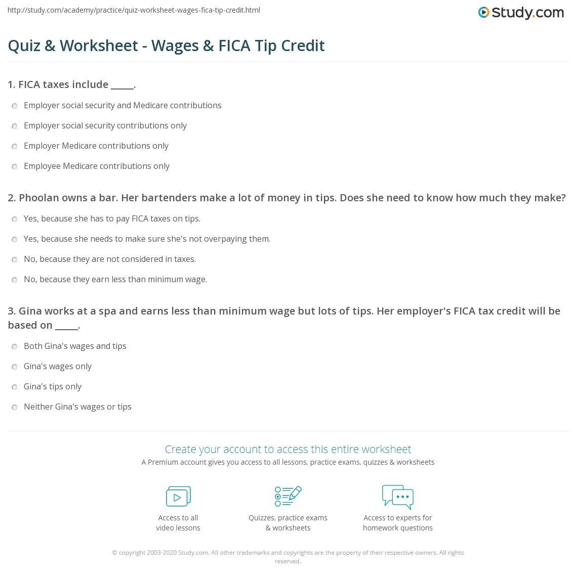 Quiz Worksheet Wages FICA Tip Credit Study Quiz Worksheet Wages FICA Tip Credit Study