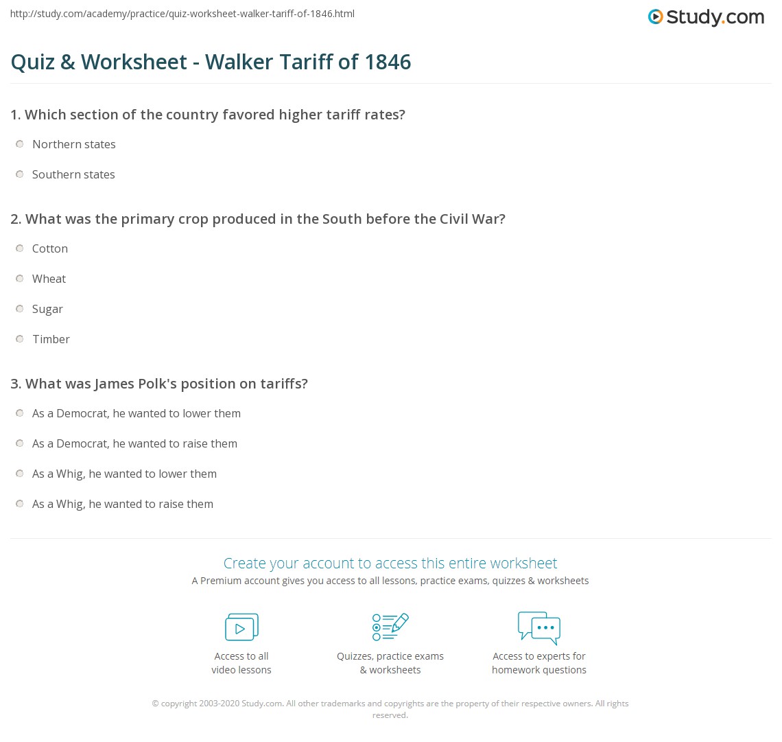 Quiz & Worksheet - Walker Tariff of 1846 | Study.com