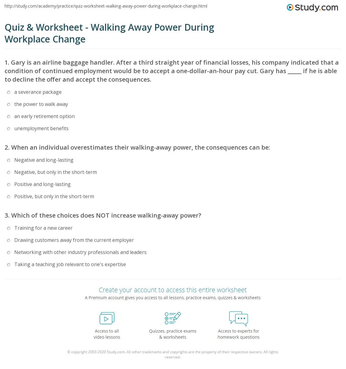 Quiz & Worksheet - Walking Away Power During Workplace Change | Study.com