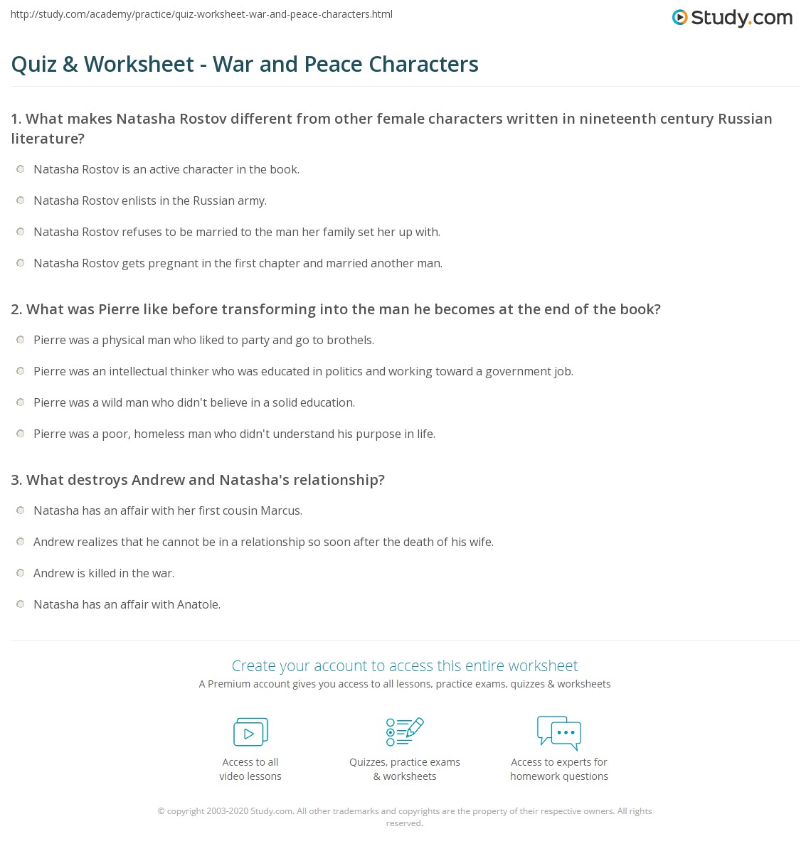 Quiz & Worksheet - War and Peace Characters | Study.com