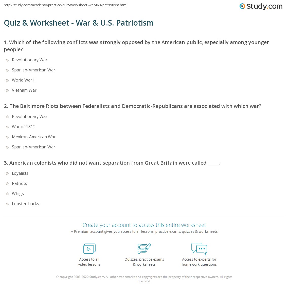 Quiz & Worksheet - War & U.S. Patriotism | Study.com