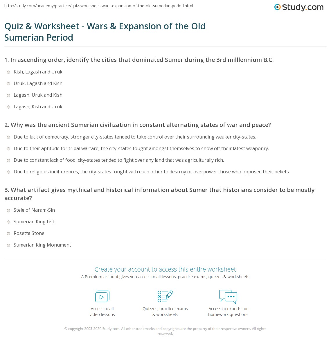 Quiz & Worksheet - Wars & Expansion of the Old Sumerian Period | Study.com