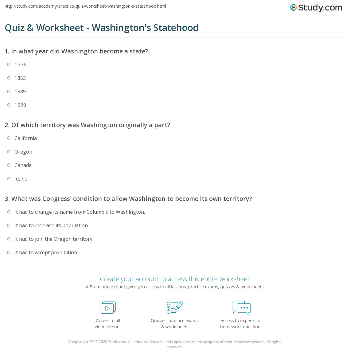 Quiz & Worksheet - Washington's Statehood | Study.com