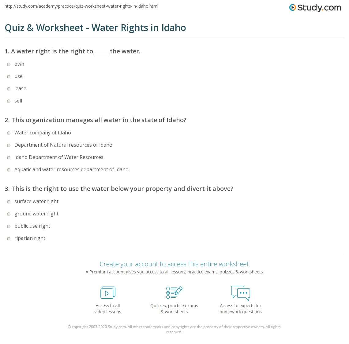 Quiz & Worksheet - Water Rights in Idaho | Study.com