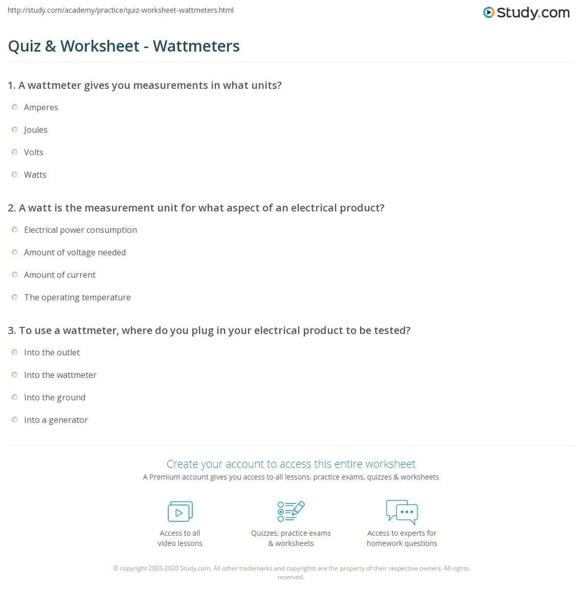 Quiz & Worksheet - Wattmeters | Study.com
