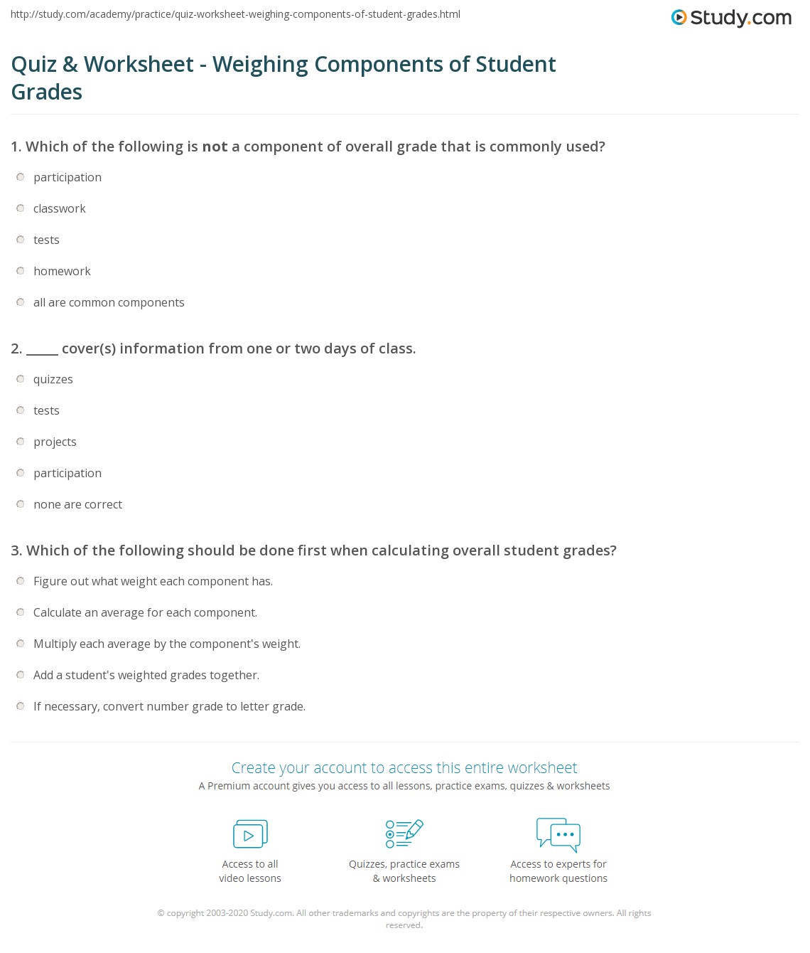 Quiz & Worksheet - Weighing Components of Student Grades | Study.com