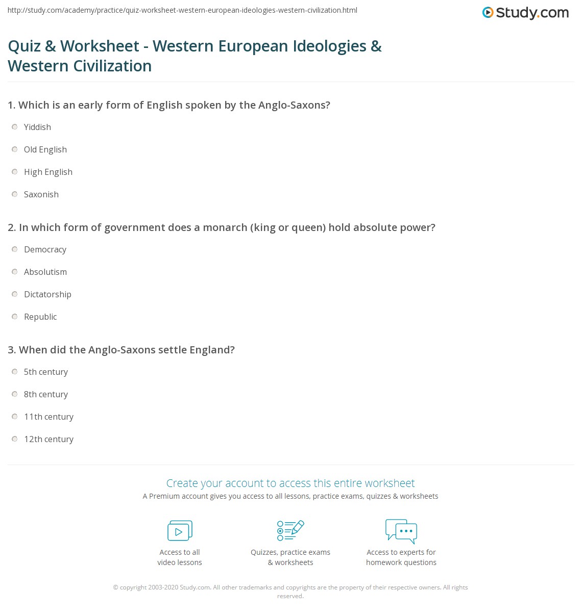 Quiz & Worksheet - Western European Ideologies & Western Civilization ...