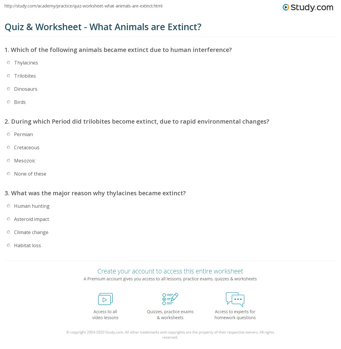 Quiz & Worksheet - What Animals are Extinct? | Study.com