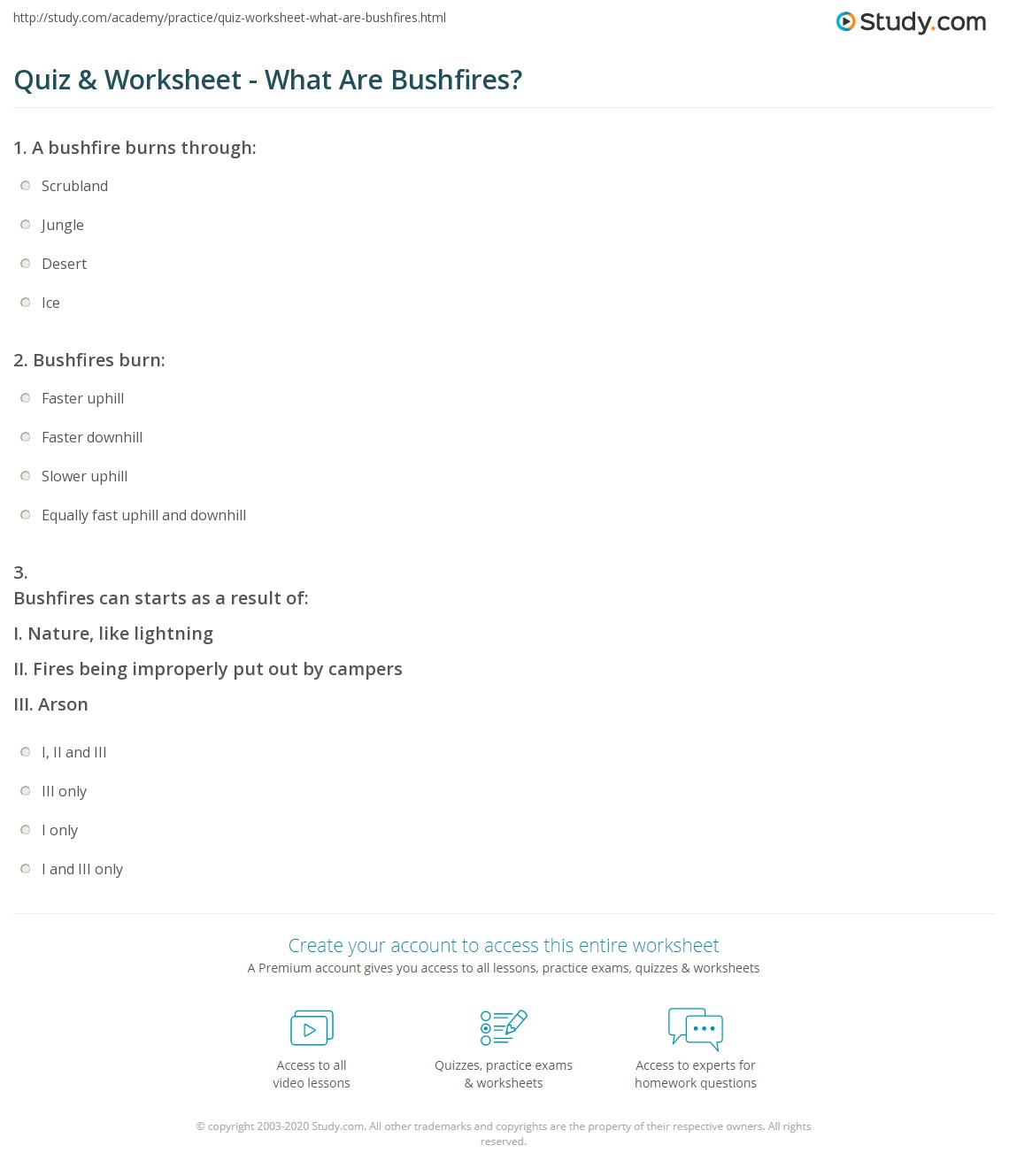 Quiz & Worksheet - What Are Bushfires? | Study.com
