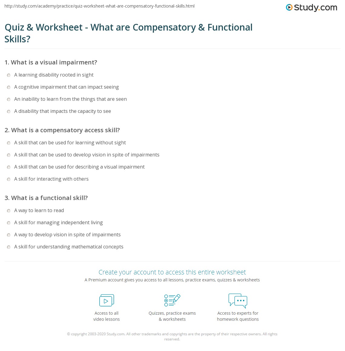 Quiz & Worksheet - What are Compensatory & Functional Skills? | Study.com
