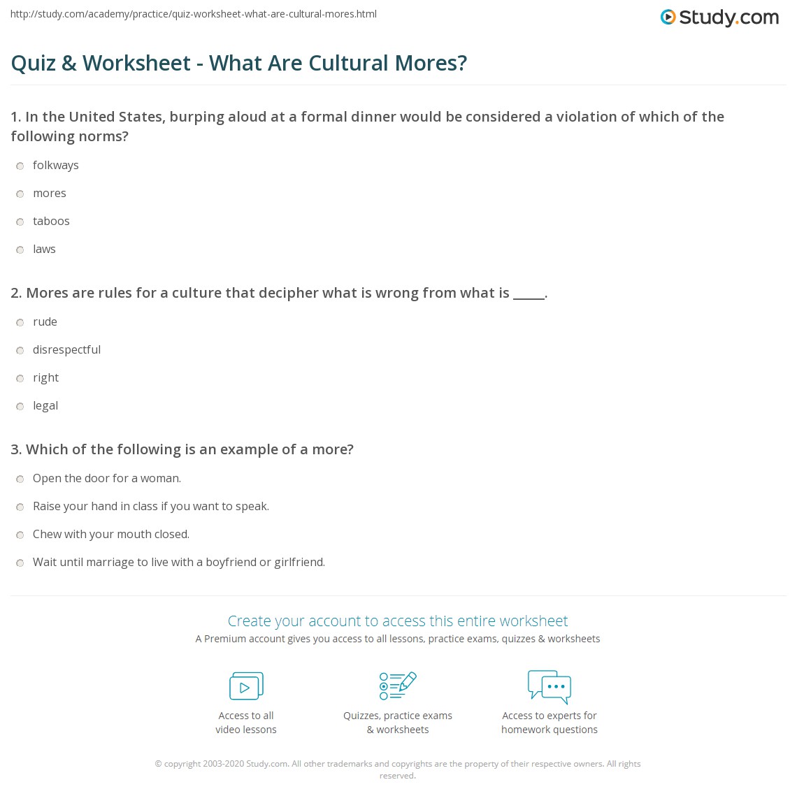 Quiz & Worksheet - What Are Cultural Mores? | Study.com