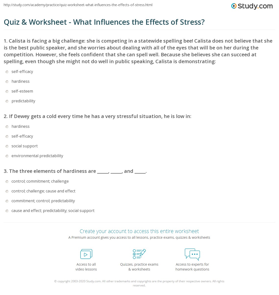 Quiz & Worksheet - What Influences the Effects of Stress? | Study.com