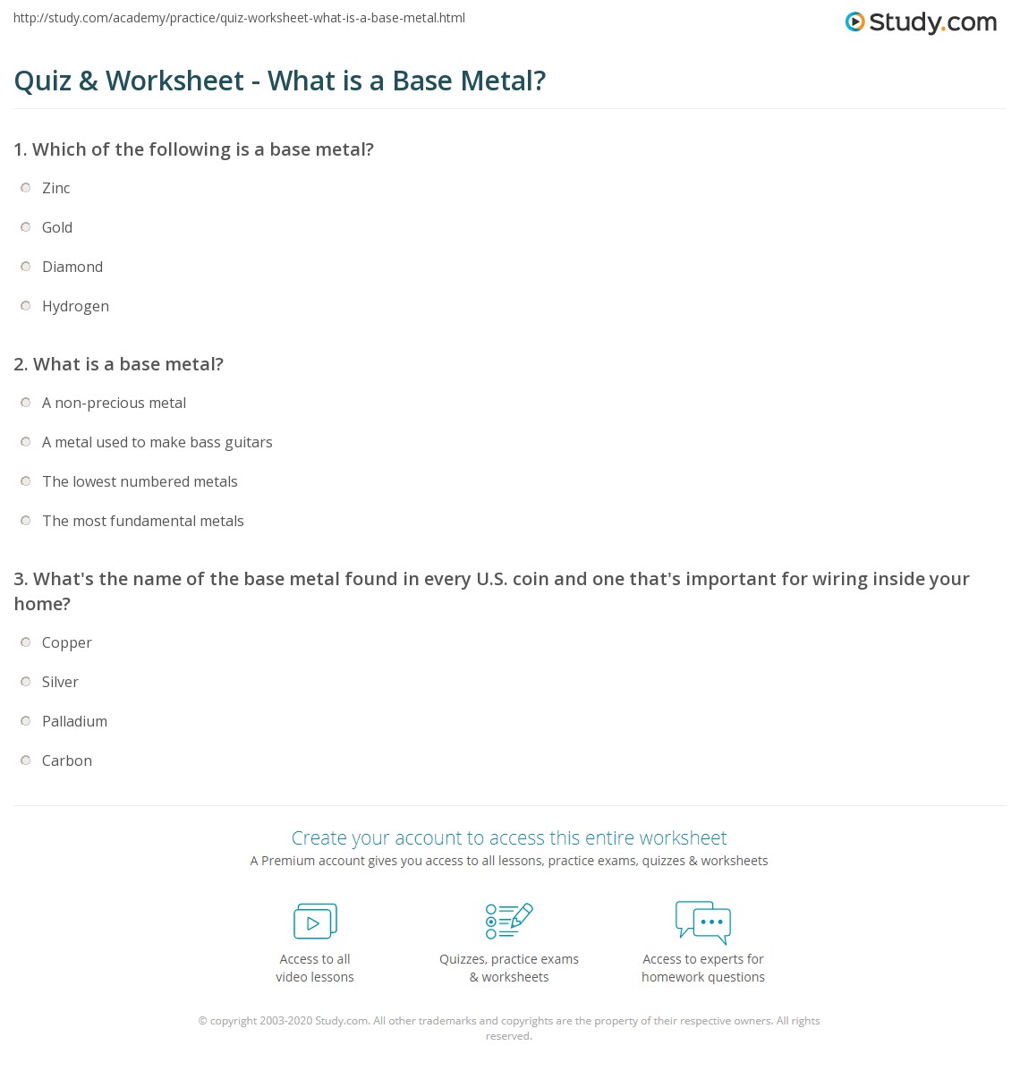 Quiz & Worksheet - What is a Base Metal? | Study.com