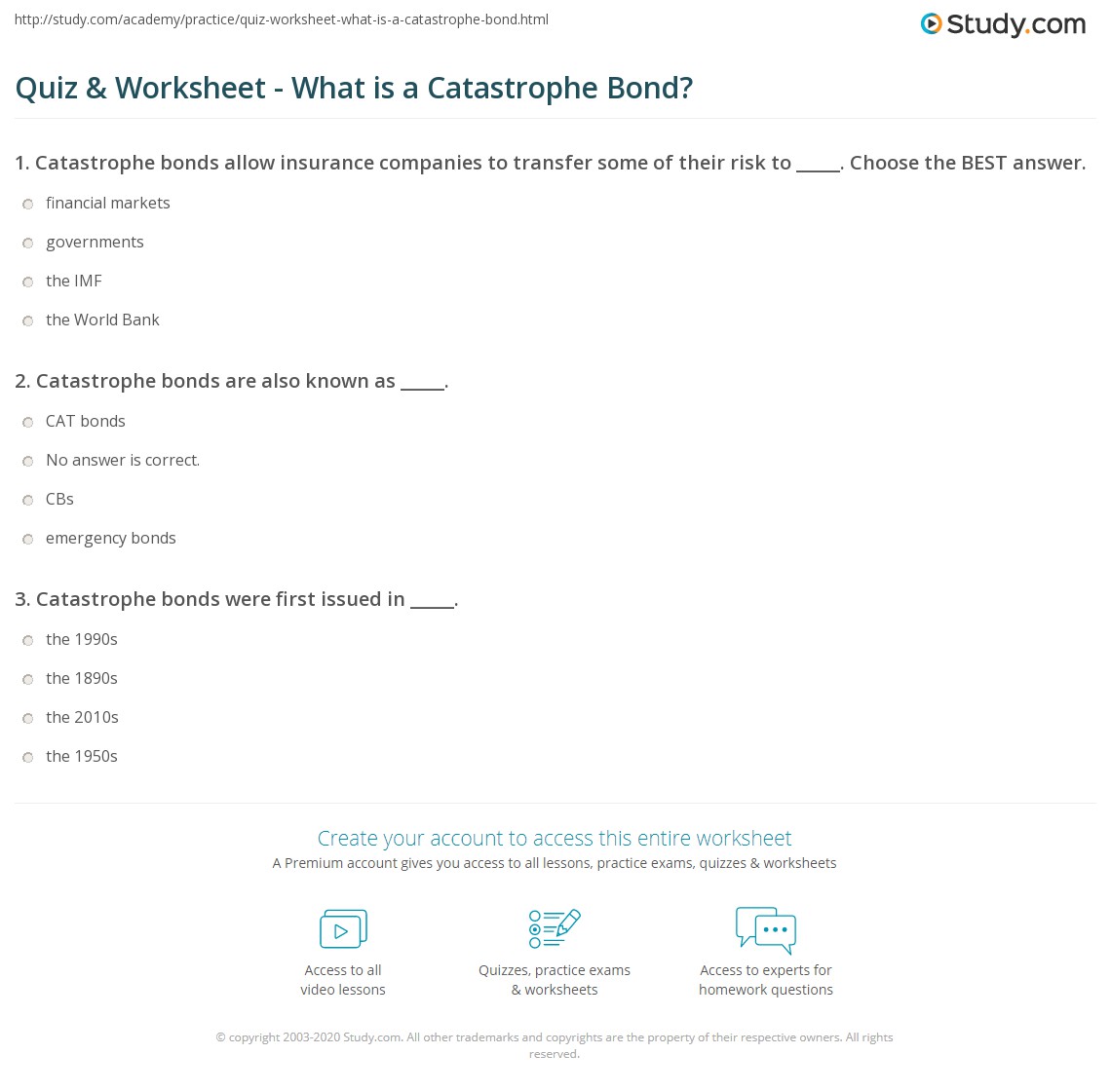 Quiz & Worksheet - What is a Catastrophe Bond? | Study.com