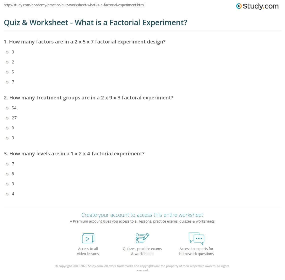 Quiz & Worksheet - What is a Factorial Experiment? | Study.com