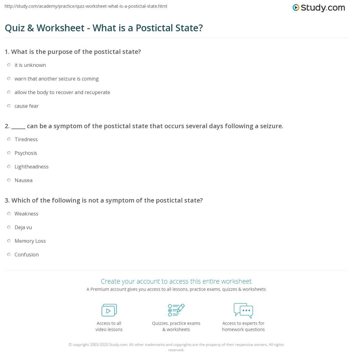 Quiz & Worksheet - What is a Postictal State? | Study.com