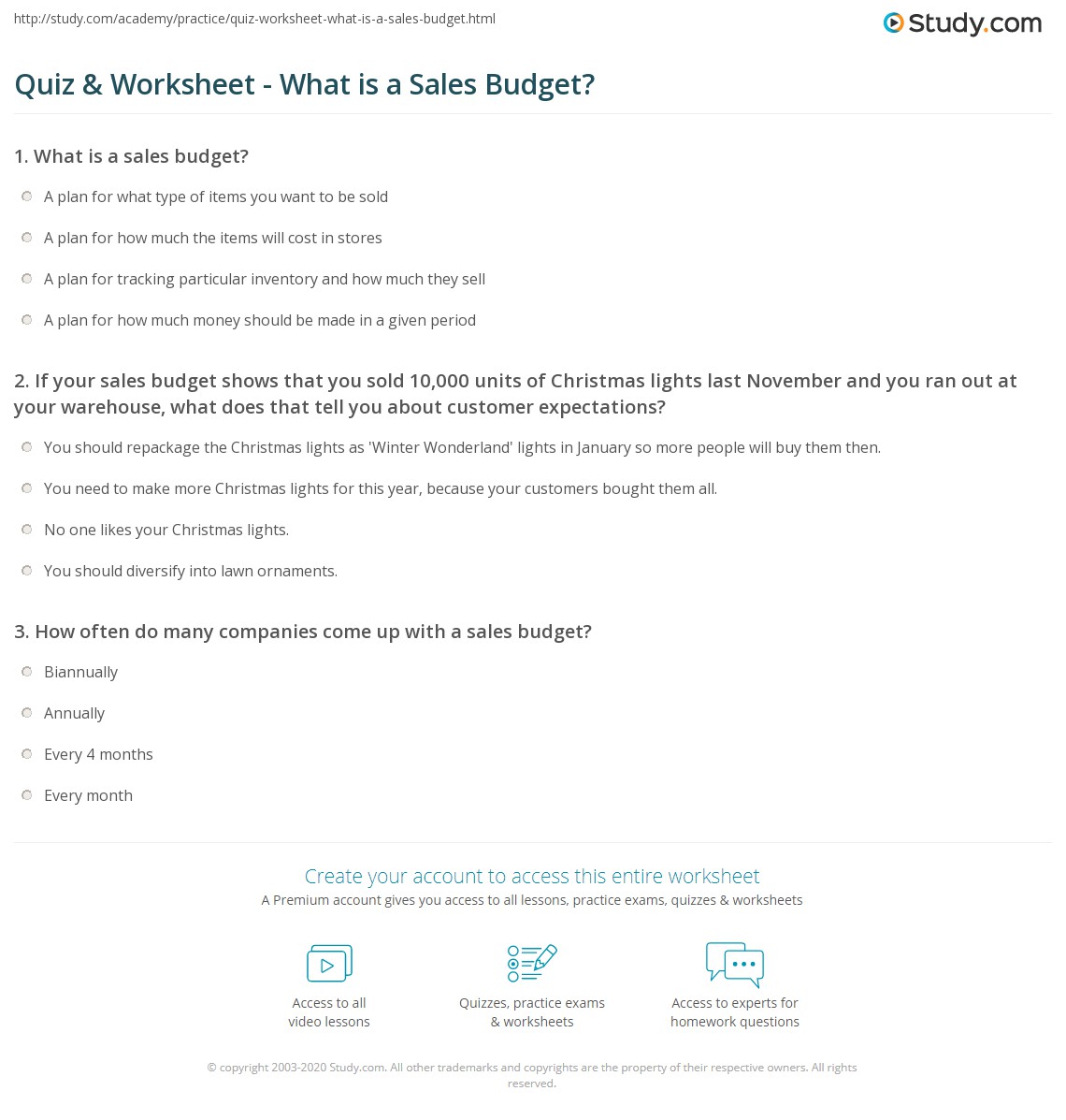 Quiz & Worksheet - What is a Sales Budget? | Study.com