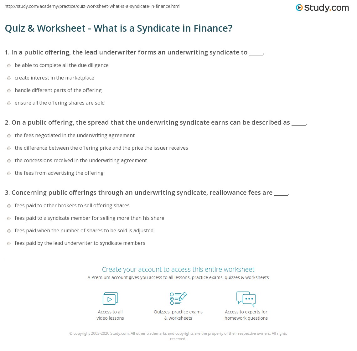 Quiz & Worksheet - What is a Syndicate in Finance? | Study.com