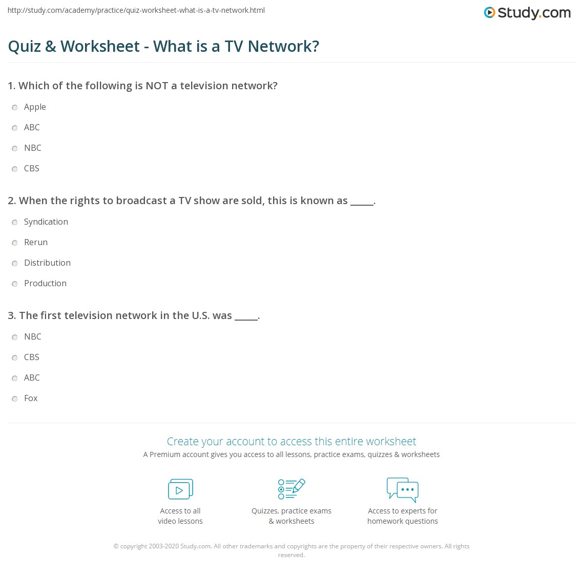 Quiz & Worksheet - What is a TV Network? | Study.com