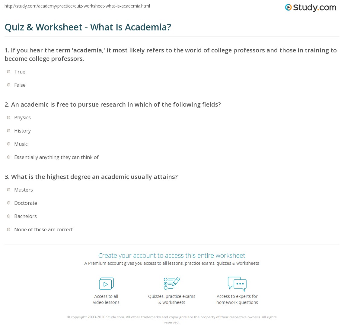 Quiz & Worksheet - What Is Academia? | Study.com