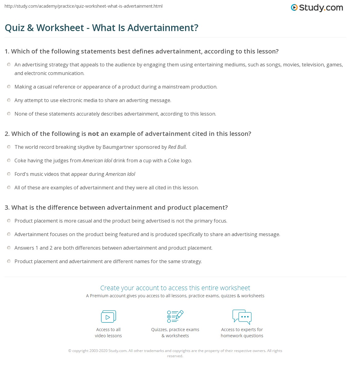Quiz & Worksheet - What Is Advertainment? | Study.com