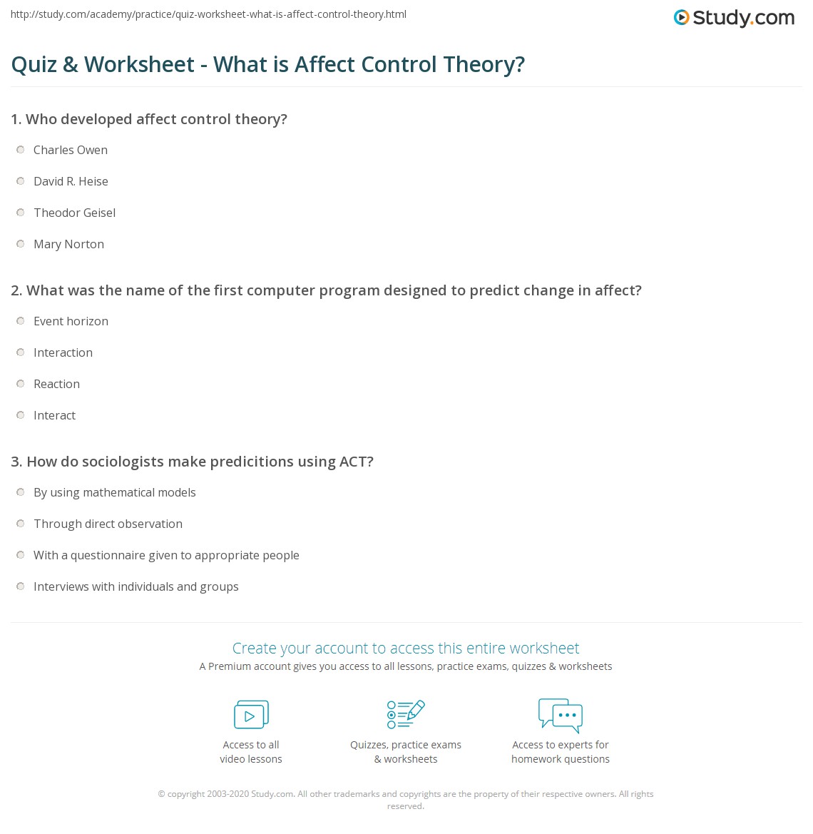 Quiz & Worksheet - What is Affect Control Theory? | Study.com