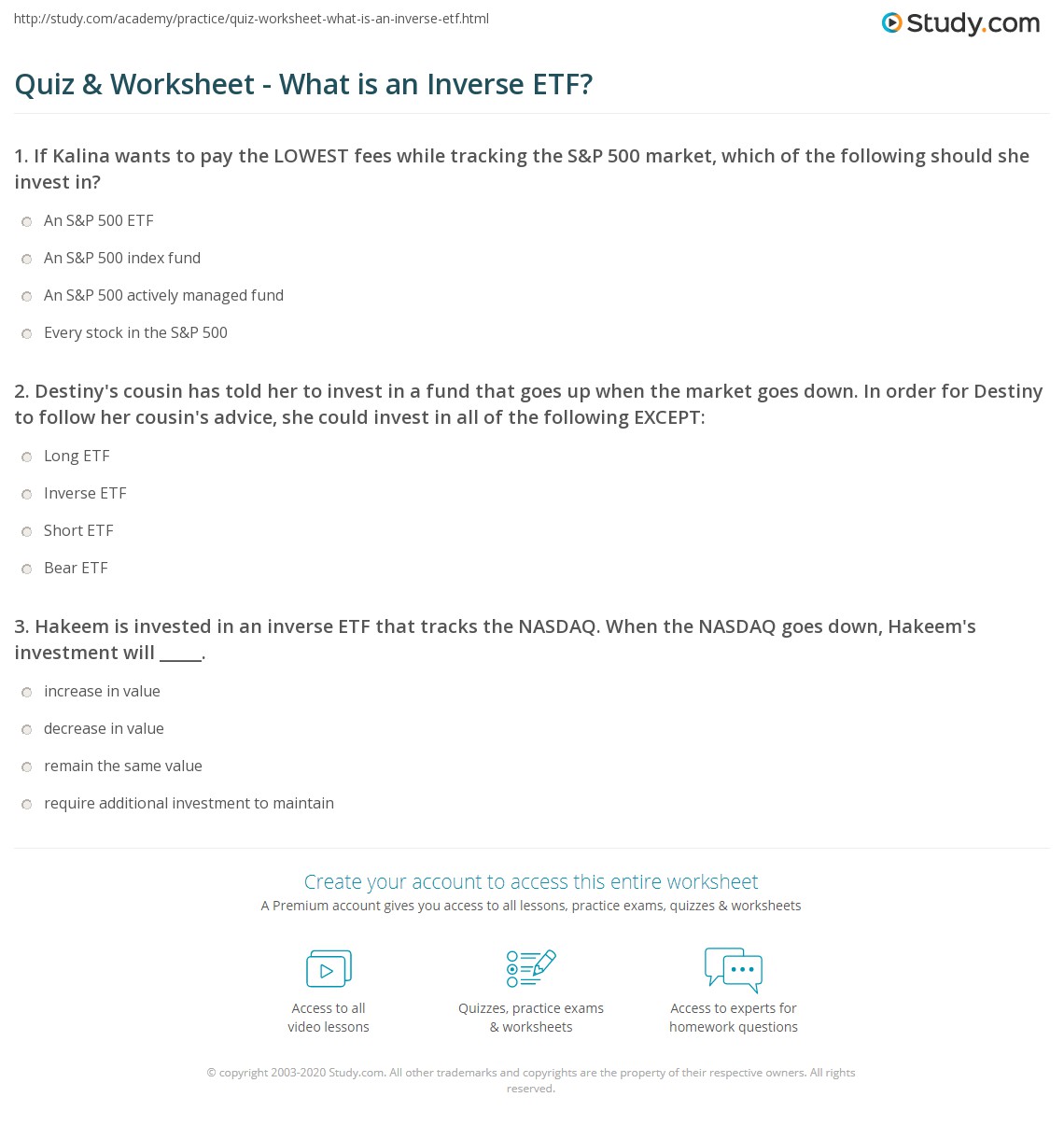 Quiz & Worksheet - What is an Inverse ETF? | Study.com