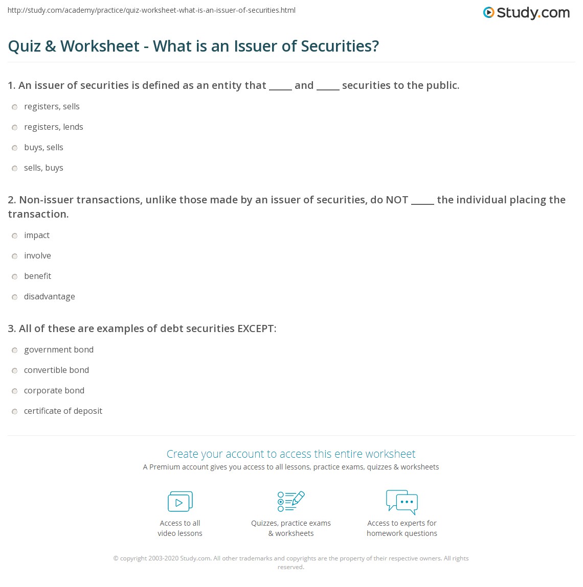 Quiz & Worksheet - What is an Issuer of Securities? | Study.com