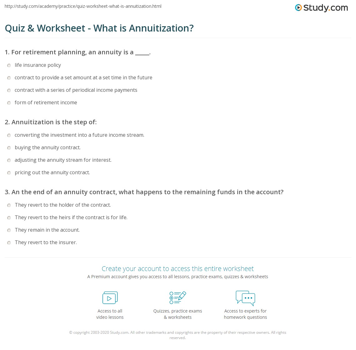 Quiz & Worksheet - What is Annuitization? | Study.com