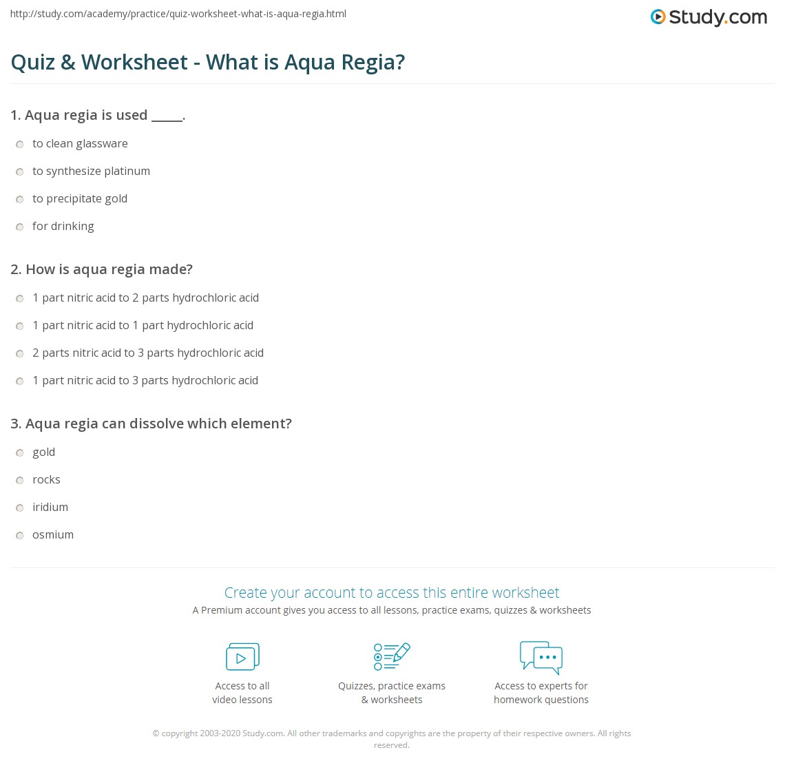 Quiz & Worksheet - What is Aqua Regia? | Study.com
