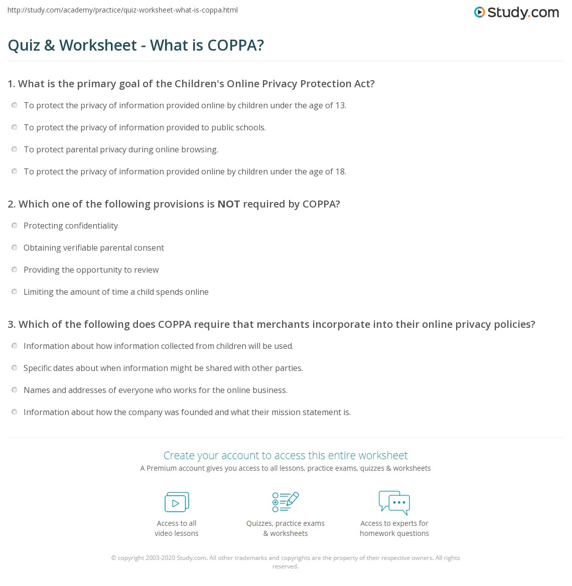 Quiz & Worksheet - What is COPPA? | Study.com