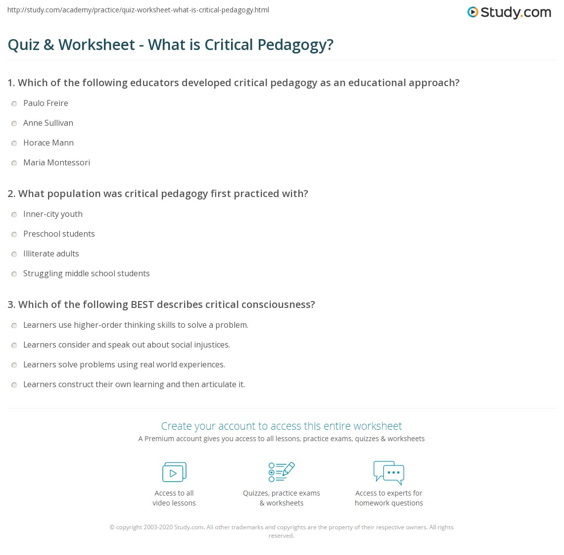 Quiz & Worksheet - What is Critical Pedagogy? | Study.com