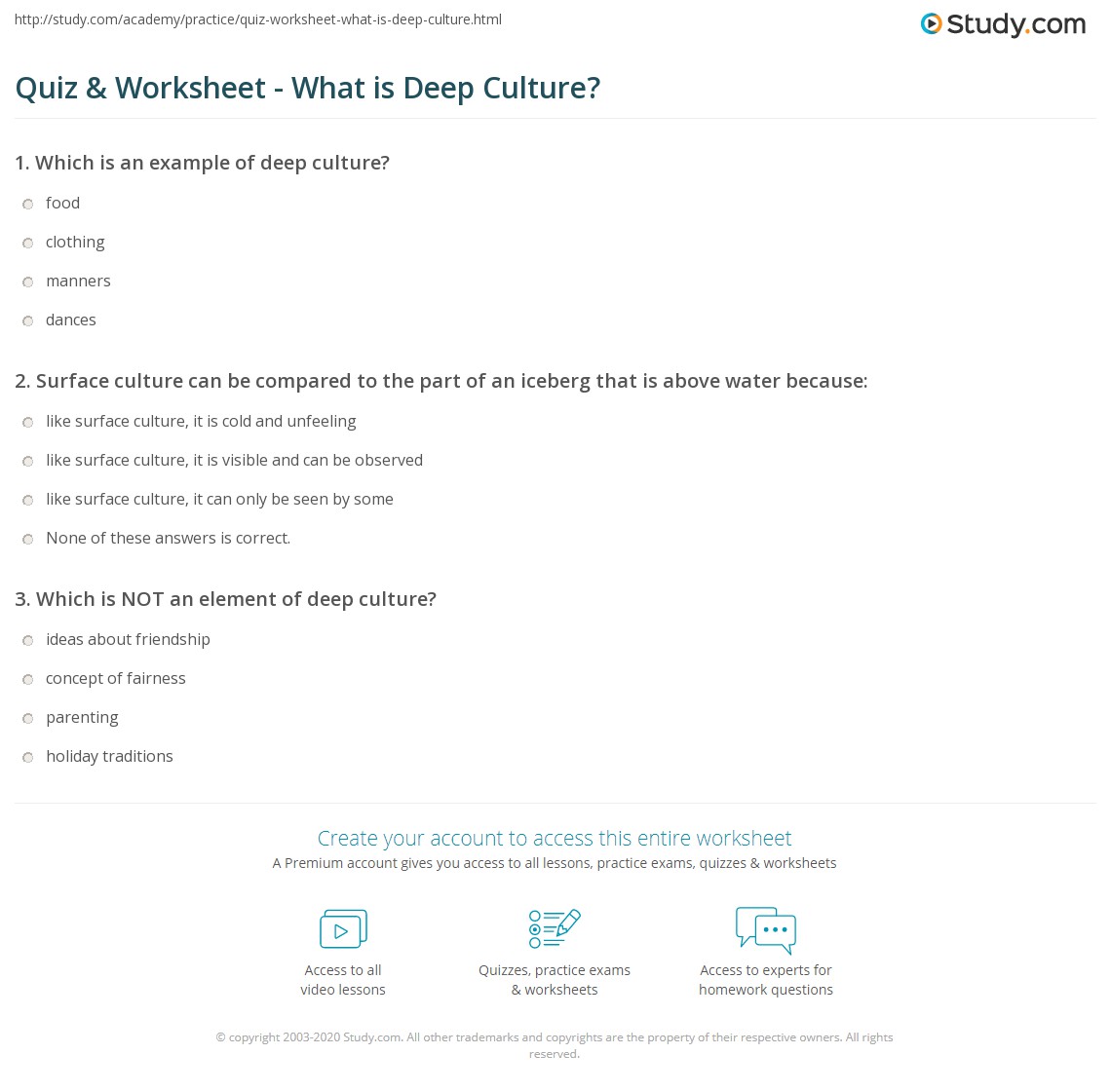 Quiz & Worksheet - What is Deep Culture? | Study.com