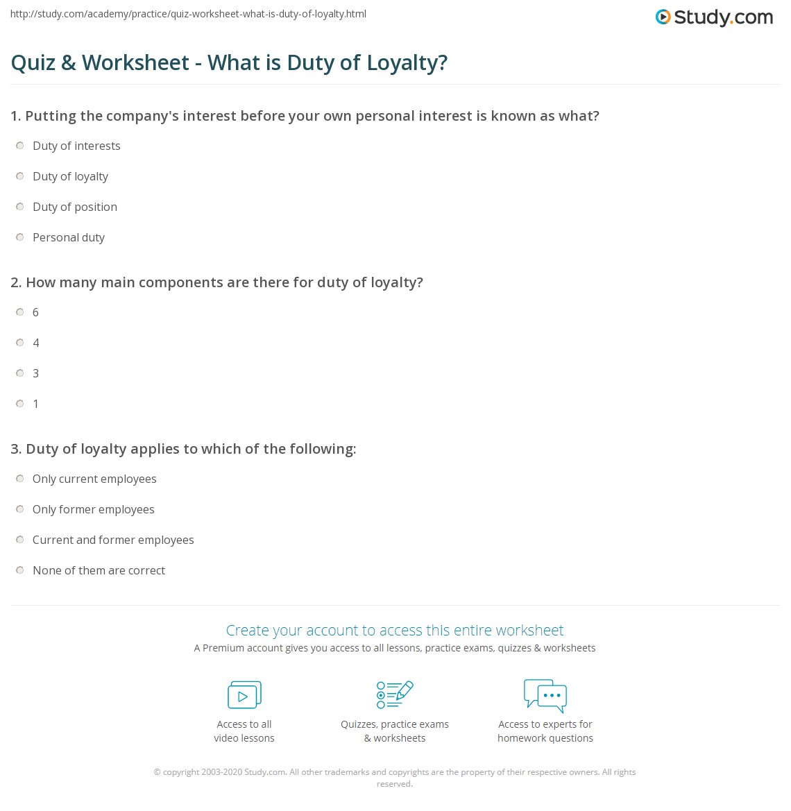 Quiz & Worksheet - What is Duty of Loyalty? | Study.com