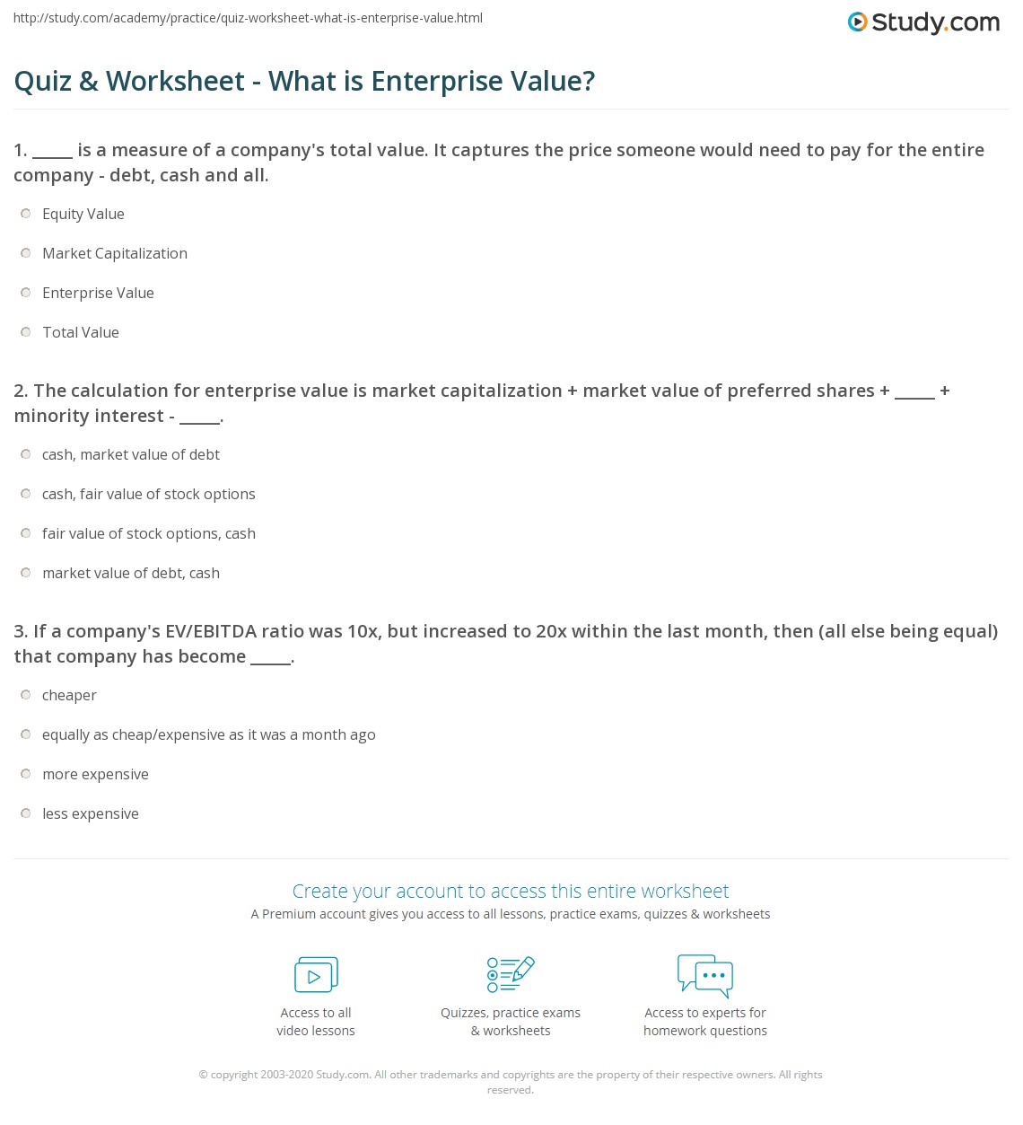 Quiz & Worksheet - What is Enterprise Value? | Study.com
