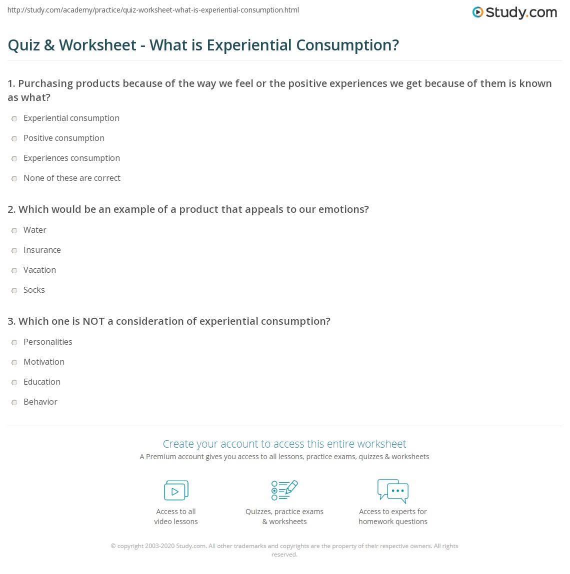 Quiz & Worksheet - What is Experiential Consumption? | Study.com