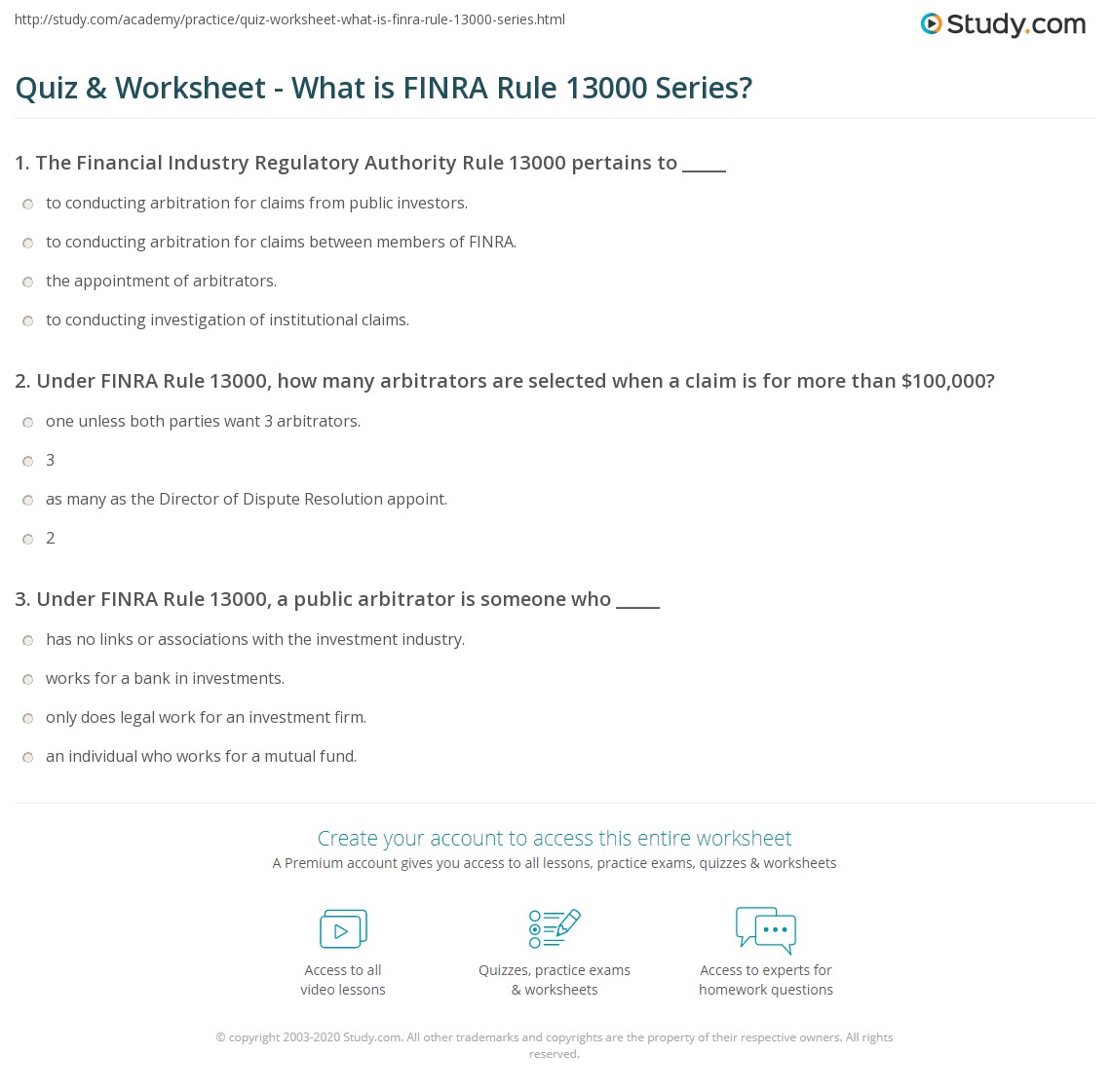 Quiz & Worksheet - What is FINRA Rule 13000 Series? | Study.com