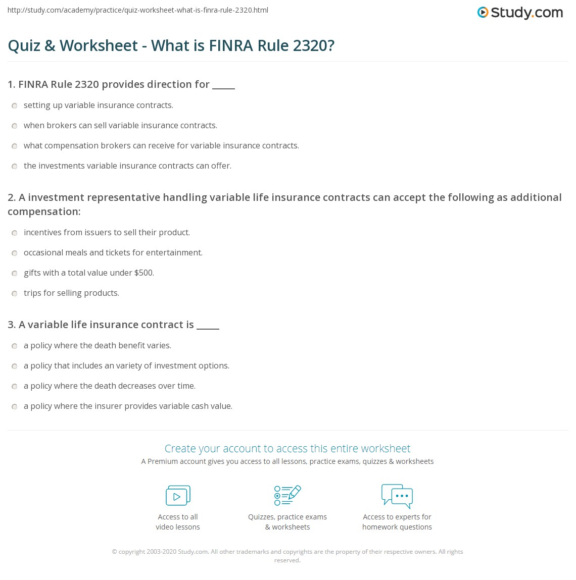 Quiz & Worksheet - What is FINRA Rule 2320? | Study.com