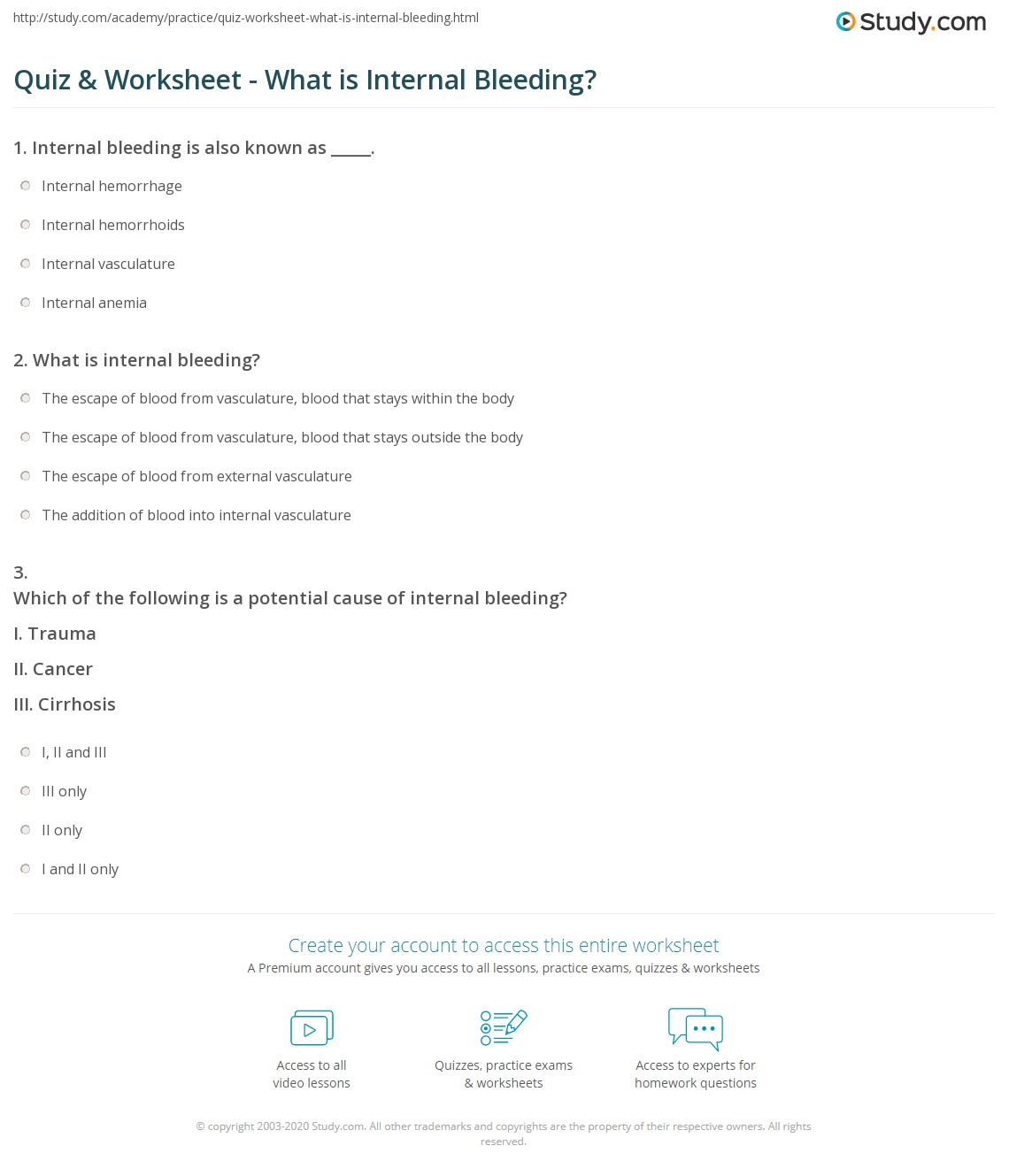 Quiz & Worksheet - What is Internal Bleeding? | Study.com