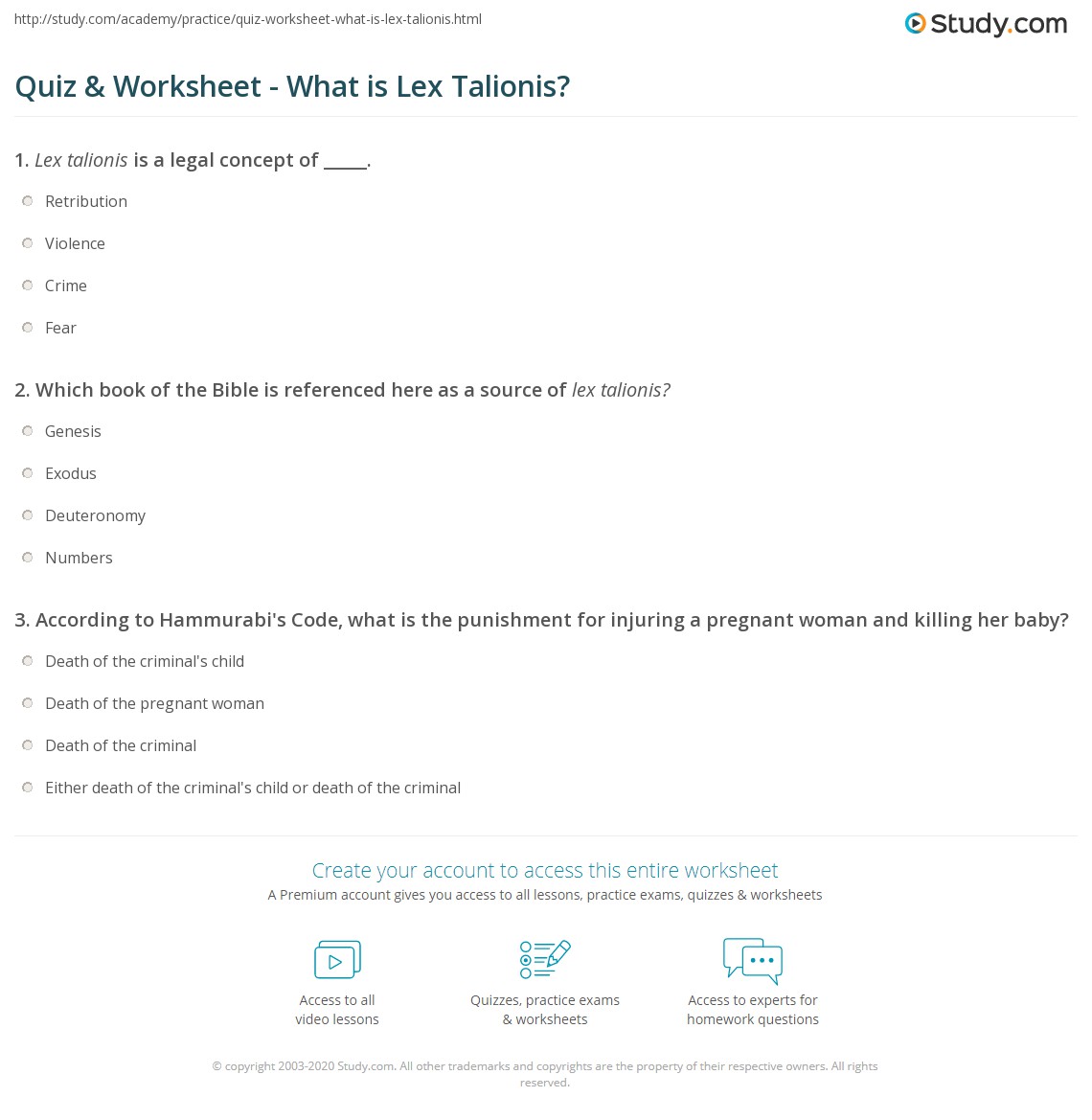 Quiz & Worksheet - What is Lex Talionis? | Study.com