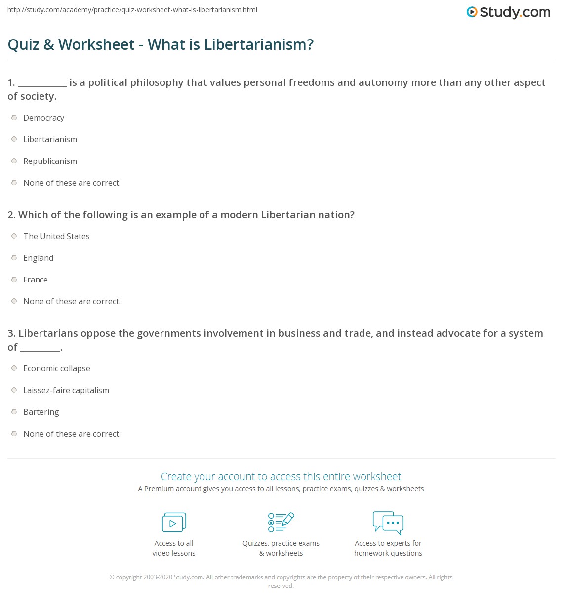 Quiz & Worksheet - What is Libertarianism? | Study.com