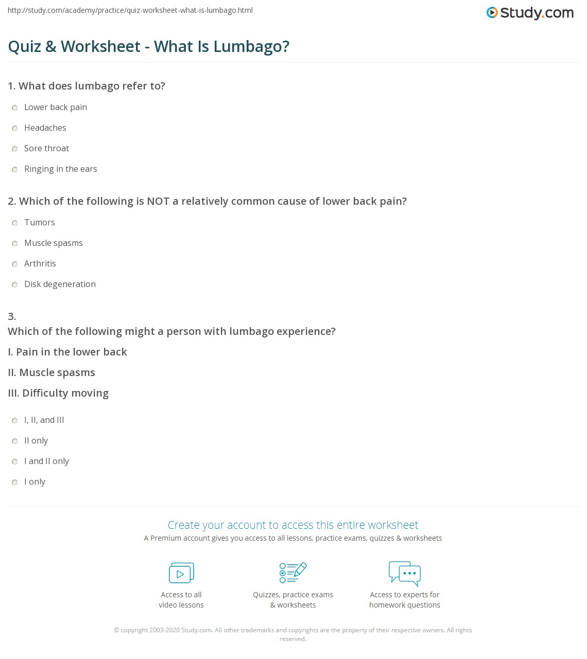 Quiz & Worksheet - What Is Lumbago? | Study.com