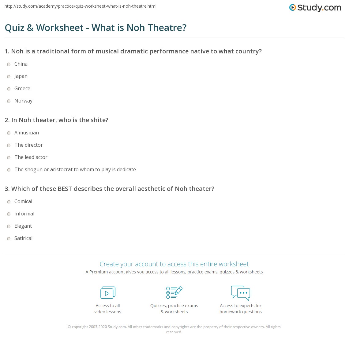 Quiz & Worksheet - What is Noh Theatre? | Study.com