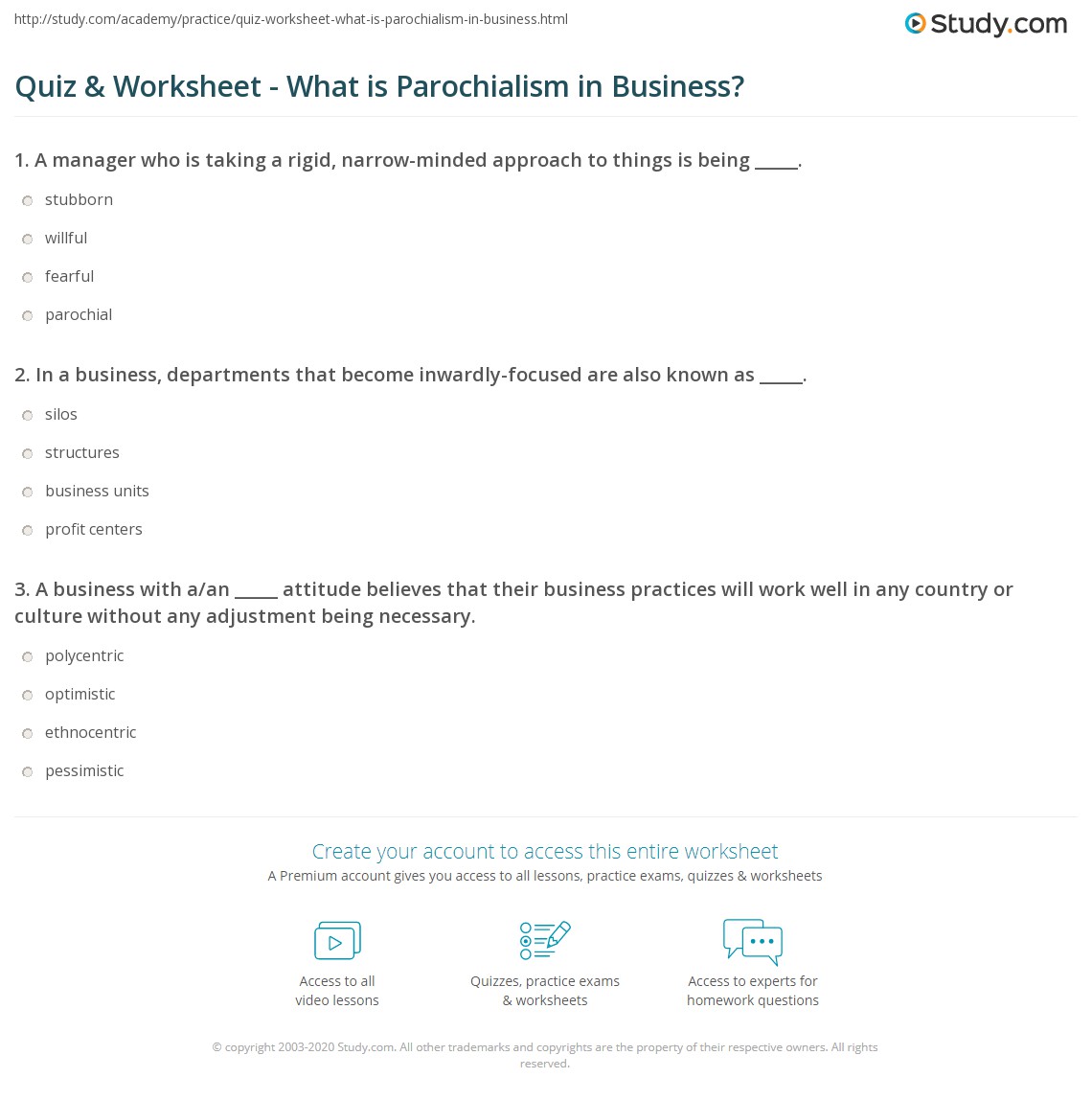 Quiz & Worksheet - What is Parochialism in Business? | Study.com
